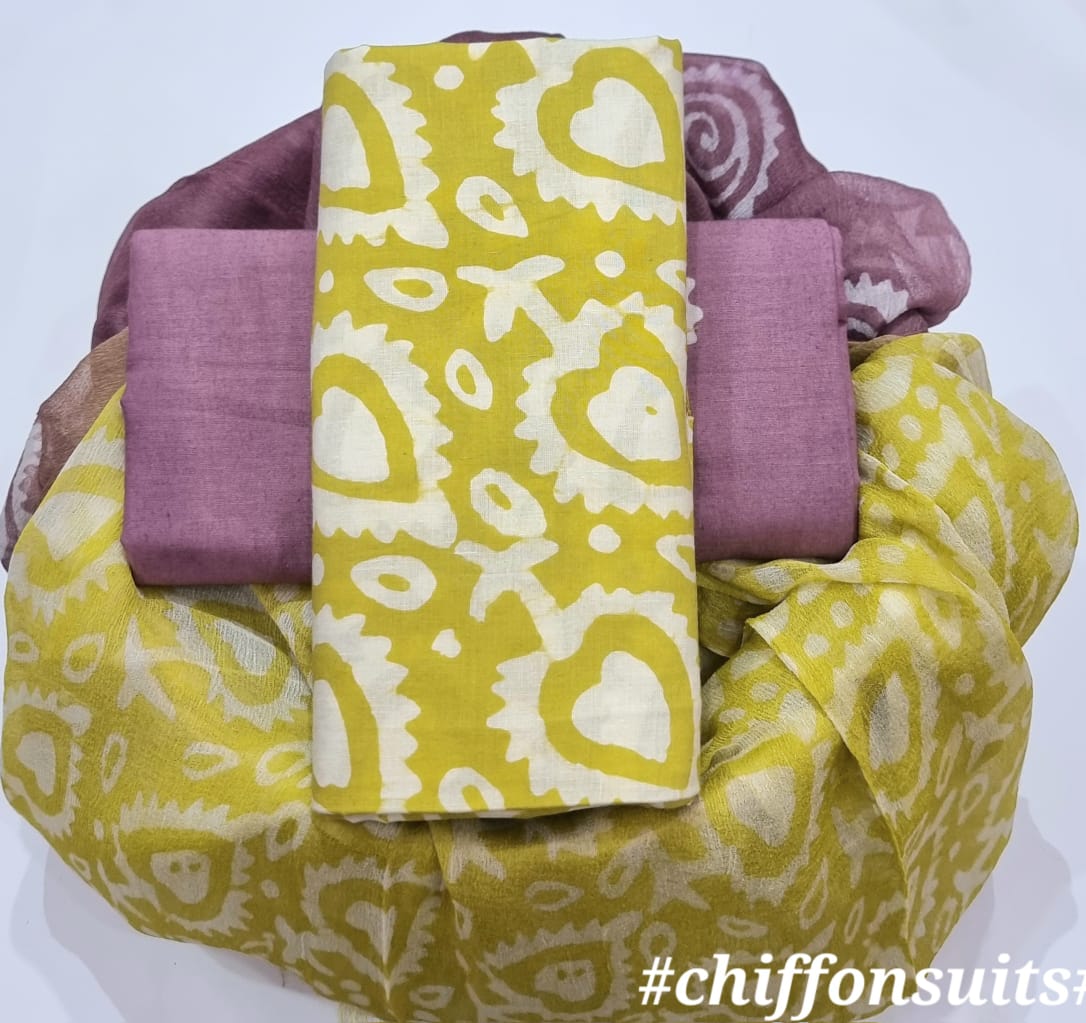 YUVI STYLE HAND BLOCK BATIK PRINT PURE COTTON SUIT WITH CHIFFION DUPTT ...