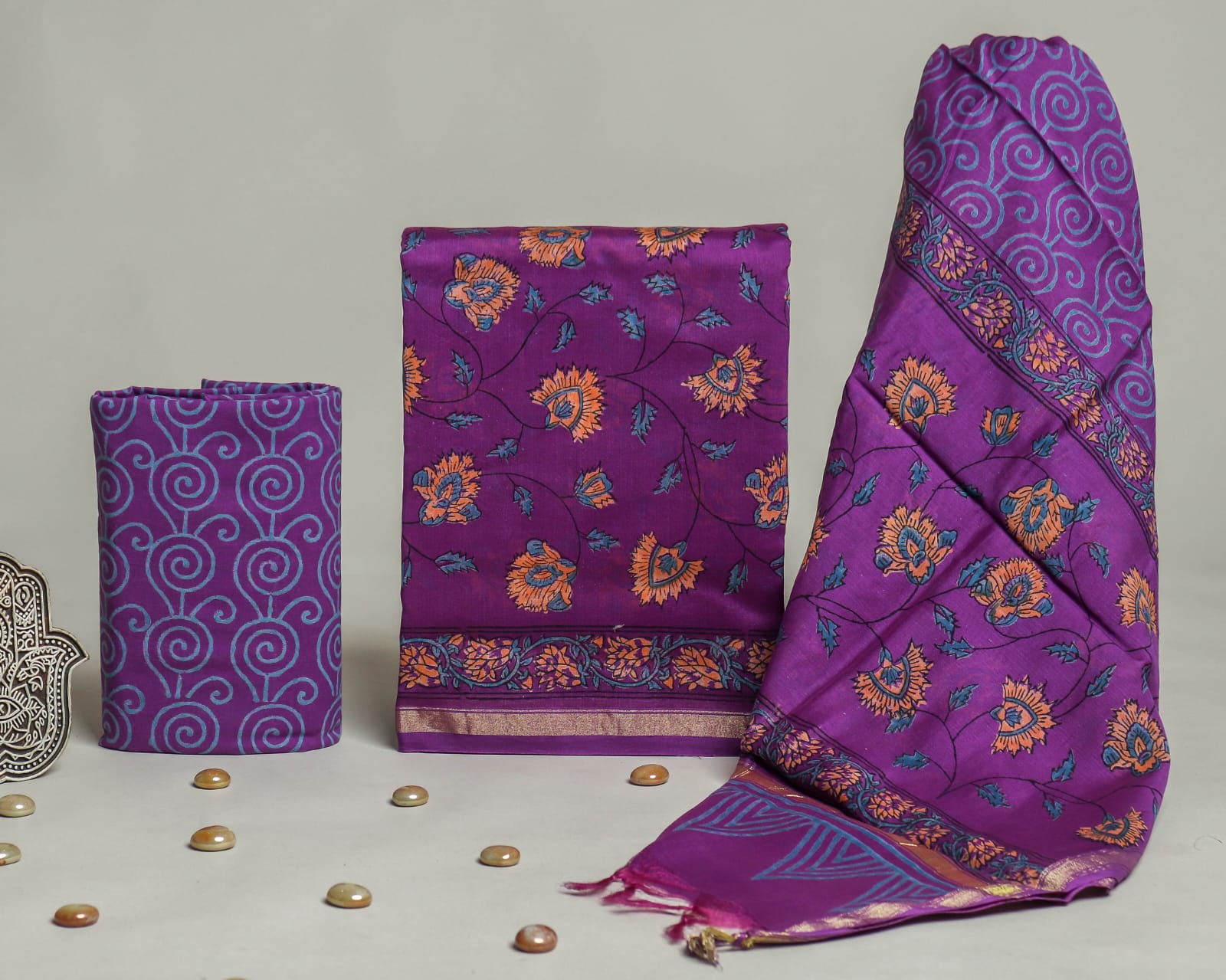 Yuvi Style Indigo Hand Block Chanderi Silk Suit Set Wchanderi Dupatta ...